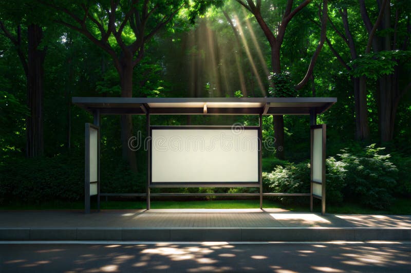 Blank Billboard at a Bus Stop Surrounded by Dense Greenery during ...