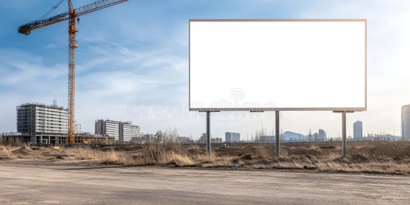 Blank Billboard on Construction Site with Tall Cranes and a Nearly ...
