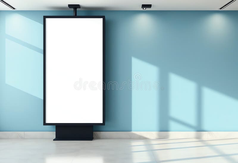 Blank Billboard Copy Space or Poster in Hall with Blue Wall Stock ...