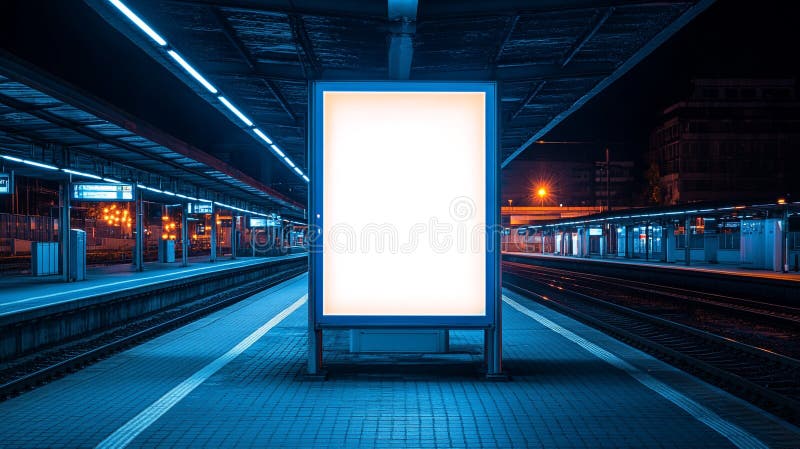 Blank Billboard on Empty Train Station Platform at Night Stock ...