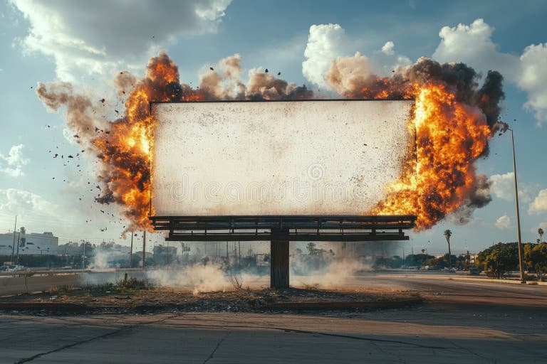 Blank Billboard Exploding on Fire by the Roadside, Creating a Dramatic ...