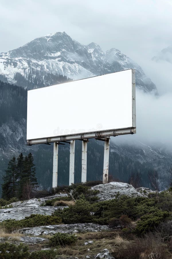 Blank Billboard in Majestic Mountain Landscape with Snowy Peaks Stock ...