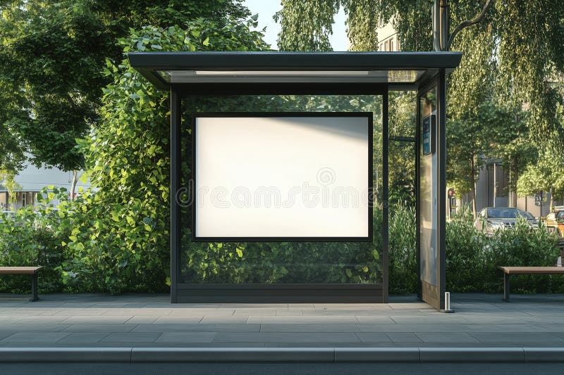 Blank Billboard Mockup at a Bus Stop Surrounded by Greenery during ...