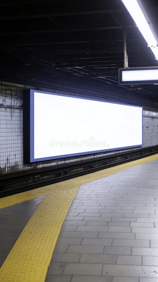 Empty Subway Tunnel with Illuminated Walls and Advertising Panels in ...