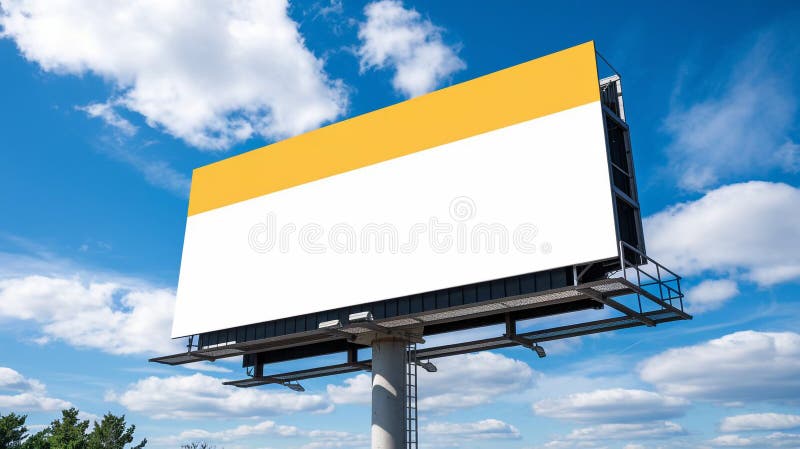 Blank Billboard Mockup with Yellow Stripe Against Blue Sky and Clouds ...