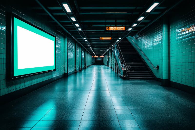 Blank Billboard in Modern Underground Station, Illuminated by Bright ...