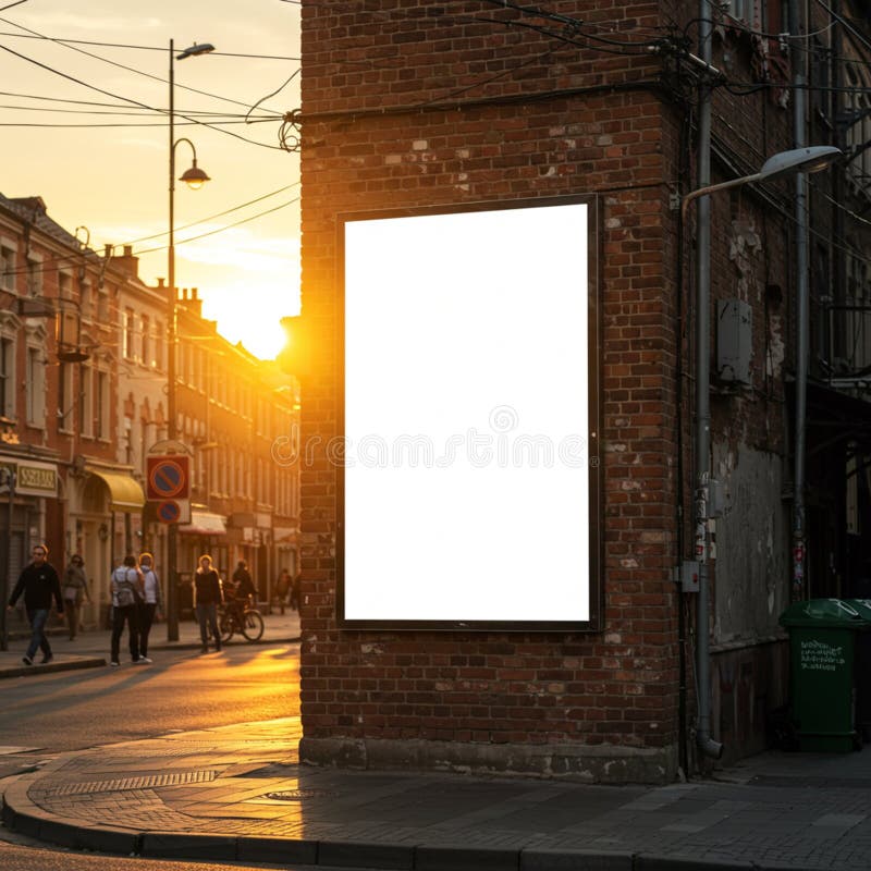 A Blank Billboard is Mounted on a Brick Wall at a Street Corner during ...