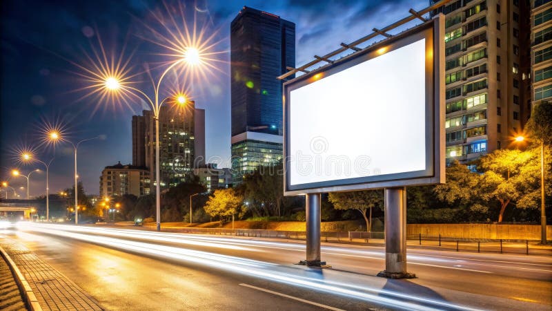 Blank Billboard at Night Urban Nightscape with Light Trails and City ...