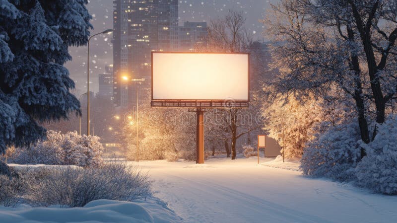 A Blank Billboard Stands in the Middle of a Snow-covered Road at Night ...