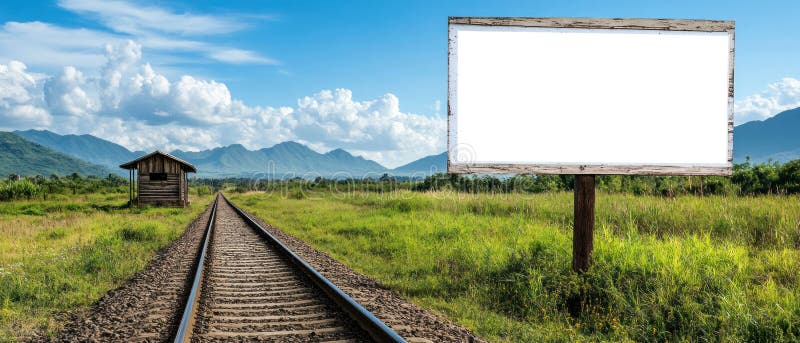 Blank Billboard Stands beside Rural Train Track, Surrounded by Lush ...