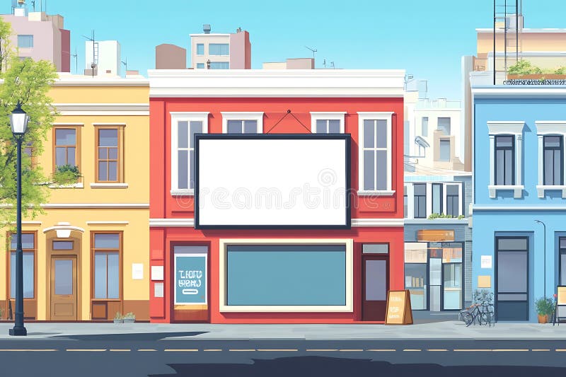 Blank Billboard on Storefront of Colorful Buildings Stock Illustration ...