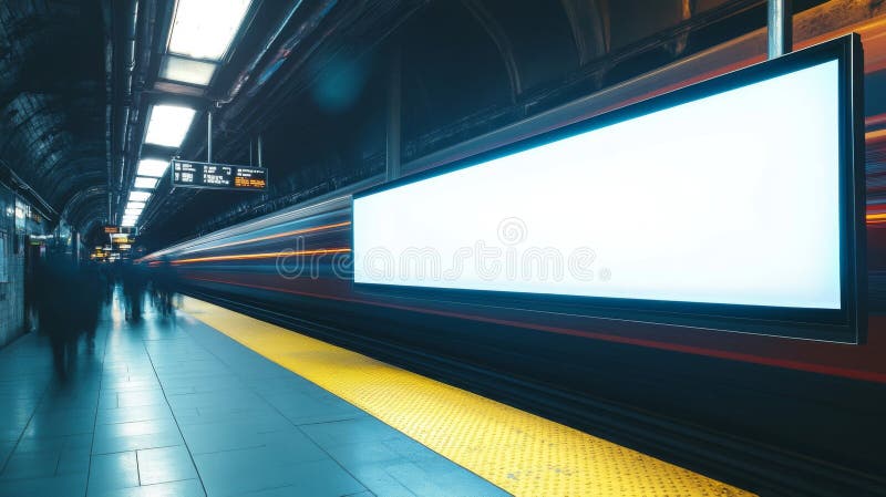 Blank Billboard on a Subway Platform with a Blurred Train Passing by ...