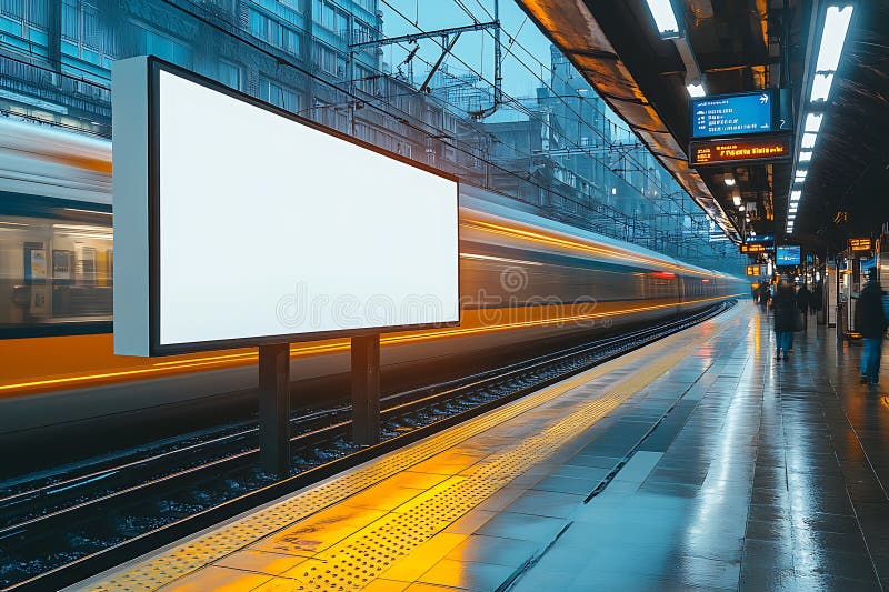 Blank Billboard at Subway Station with Blurred Train Passing by for ...