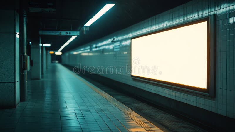 A Blank Billboard in a Subway Station with Tiled Walls and a Lit ...