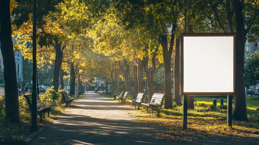 Blank Billboard in a Tree-Lined Pathway with Benches Stock Illustration ...