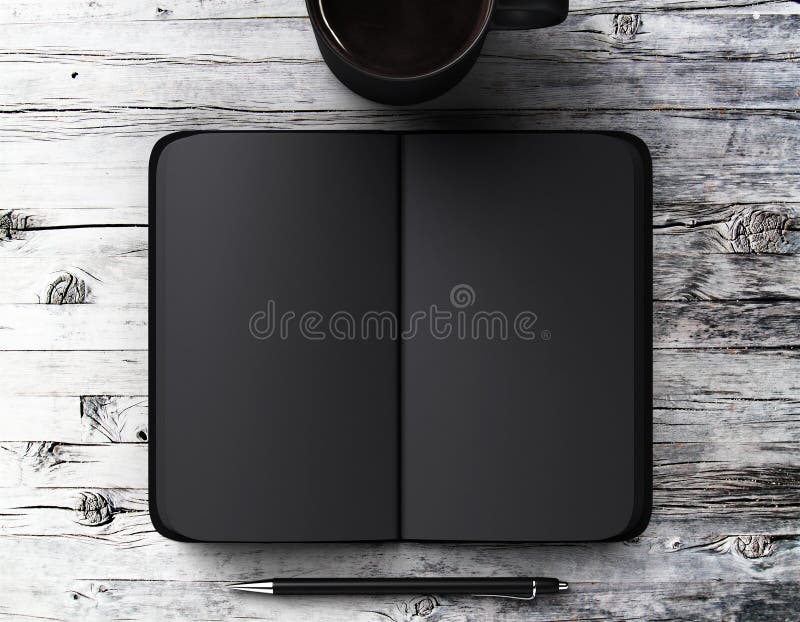 Blank Black Diary with Pen and a Cup of Coffee on a Wooden Table Stock ...