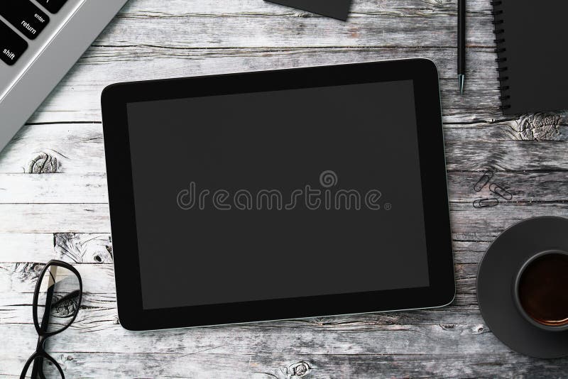 Blank Black Digital Tablet on a Wooden Table Stock Photo - Image of ...