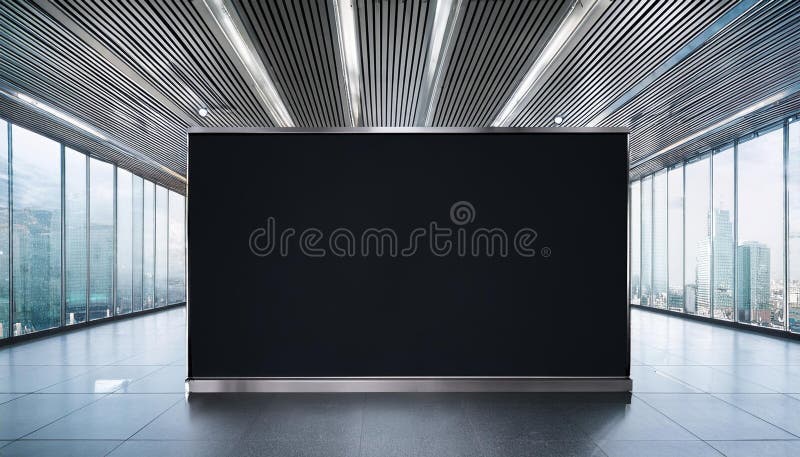 Blank Black Exhibition Screen in Modern Hall. 3D Rendering Stock ...