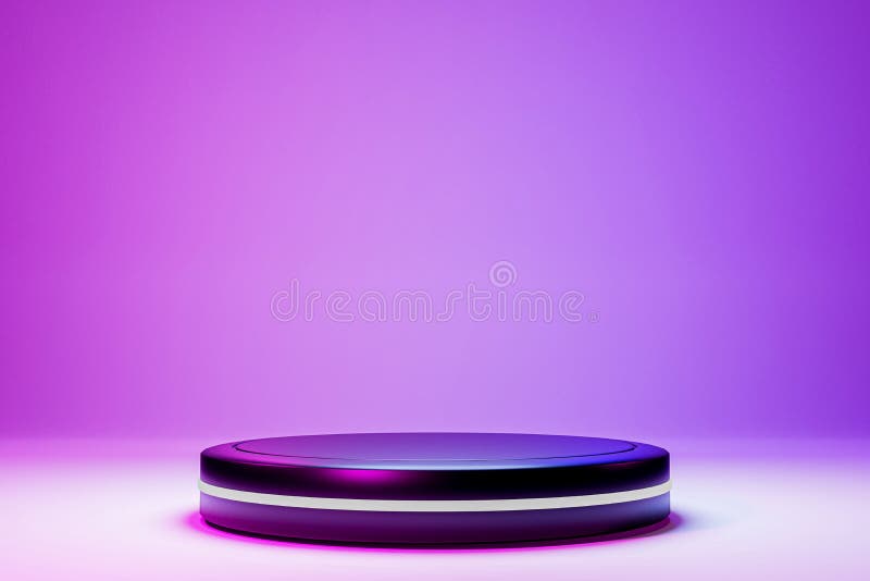 Blank Black Podium in Dark Studio with Red and Purple LED Light ...