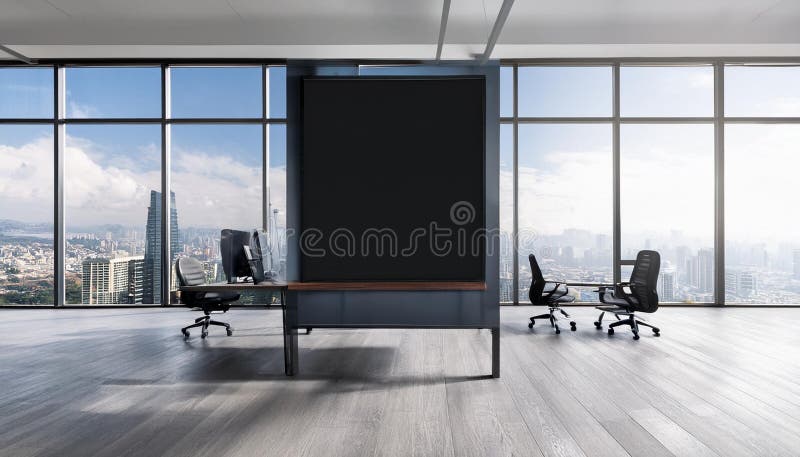 Blank Black Poster Mockup in Modern Office Interior with Large Windows ...