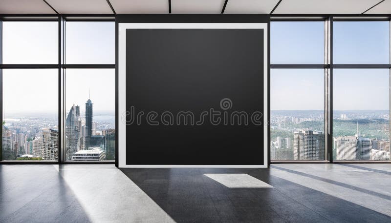 Blank Black Poster Mockup in Modern Office Interior with Large Windows ...