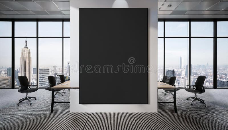 Blank Black Poster Mockup in Modern Office Interior with Large Windows ...