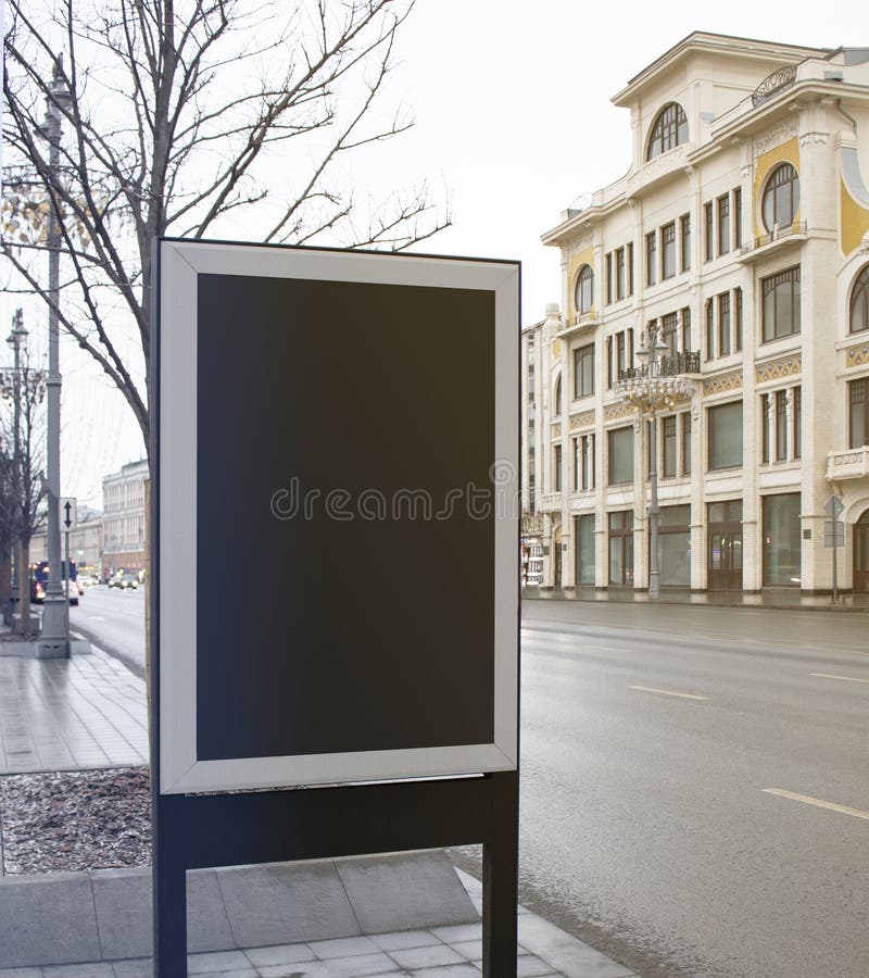 Blank Black Rectangular Pylon Stand on Street Mockup, Side View Stock ...