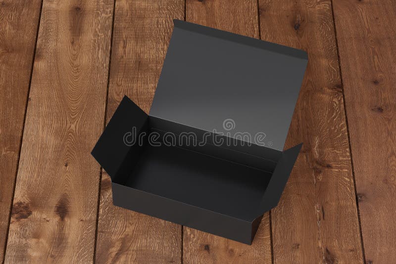 Blank Black Wide Flat Box with Opened Hinged Flap Lid on Dark Wooden ...