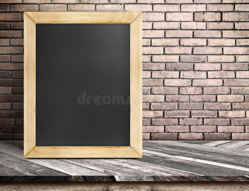 Blank Blackboard on Diagonal Wooden Table at Red Brick Wall,Template ...