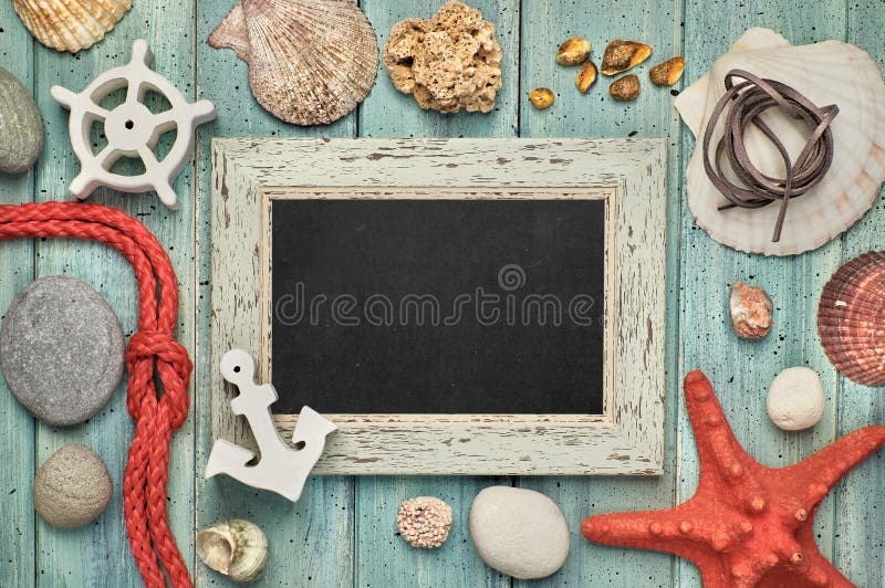 Blank Blackboard with Sea Shells, Stones, Rope and Star Fish on Stock ...