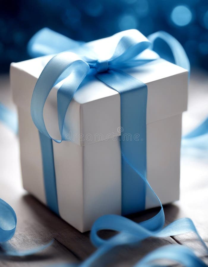Blank Blue Background on Box White Ribbon Classic Bow Gift Open Dark ...
