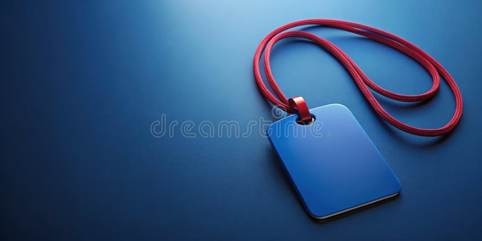 Blank Blue Identification Tag with Red Cord on Dark Blue Surface ...