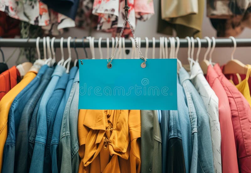 Blank Blue Label Hanging on a Rack with Assorted Casual Clothing in the ...