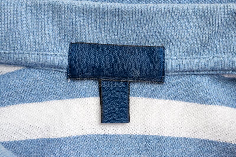 Blank Blue Laundry Care Clothes Label on Shirt Fabric Texture Stock ...