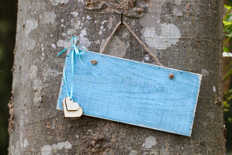 Blank Blue Sign with Hearts Hanging on Tree in Forest Stock Image ...