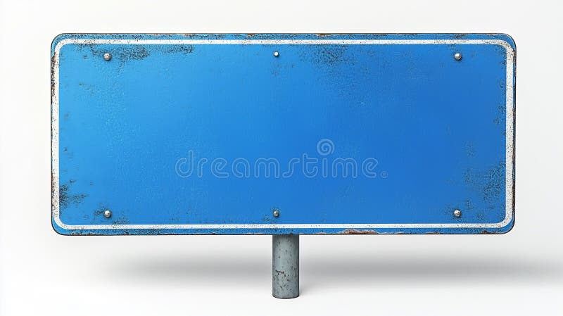 A Blank Blue Sign with Rivets and Wear on a Metal Pole on White ...