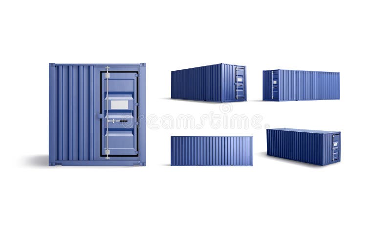 Blank Blue Steel Cargo Container Mockup, Different Views Stock ...