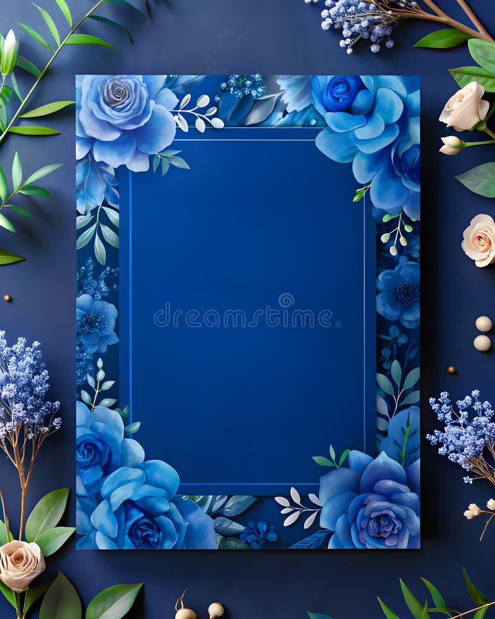 Blank Blue Wedding Invite Mockup Featuring Floral Design on Navy Blue ...