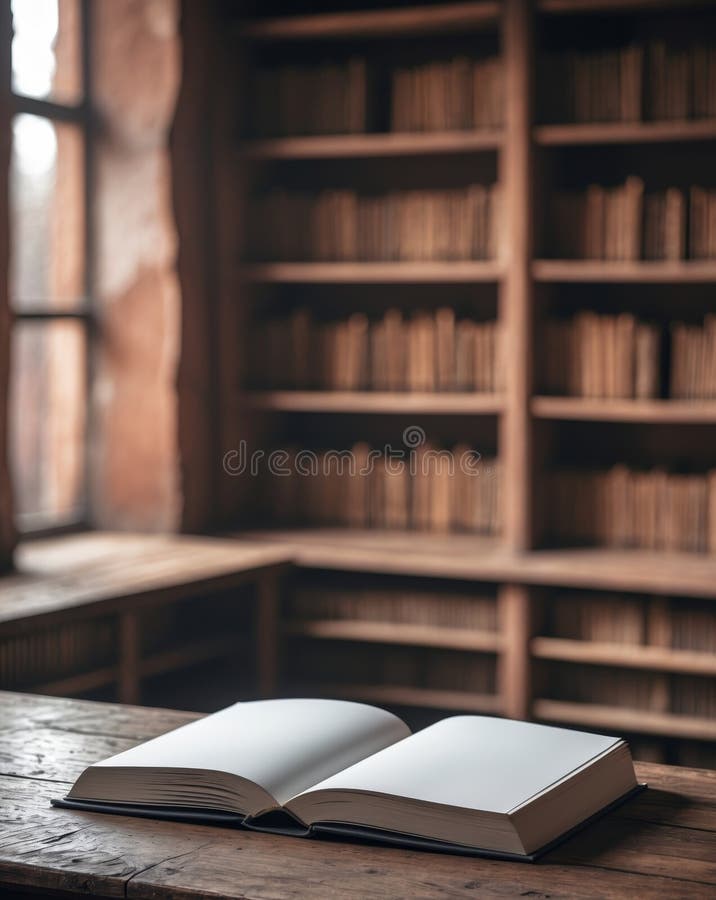 Blank Book Cover on Table with Bookshelf Background in Library Setting ...