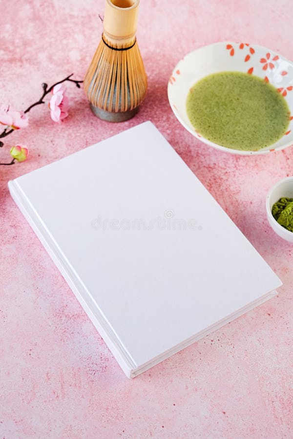 Blank Book Mockup on Pink Table with Green Matcha Tea Stock Image ...