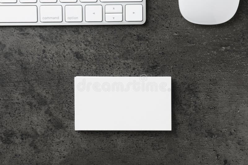 Blank Business Cards, Computer Mouse and Keyboard on Grey Textured ...