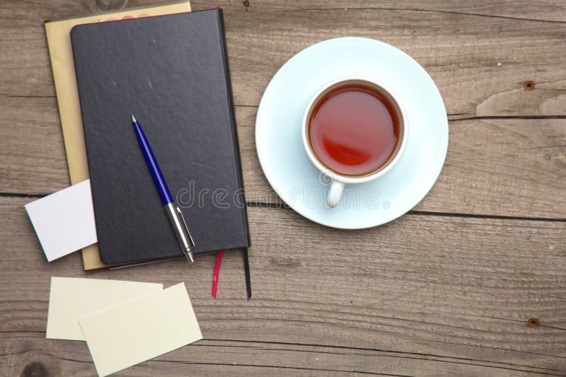 Blank Business Cards with Pen, Notebook and Tea Cup on Wooden Office ...