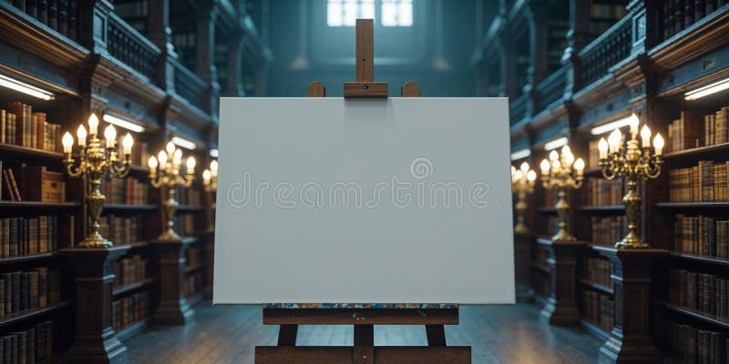 Blank Canvas on Easel in Library Setting. Stock Photo - Image of ...