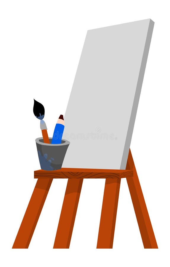 Blank Canvas on Easel with Pencil and Paint Brush. Cartoon Style Stock ...