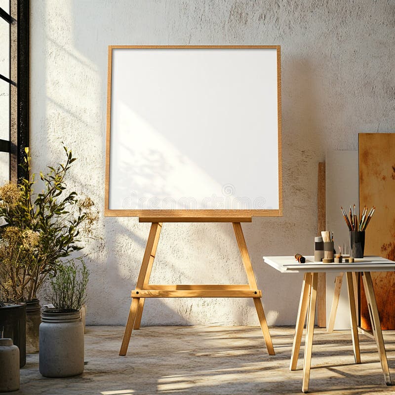 Blank Canvas Mockup Artist Studio Workspace with Easel and Natural ...