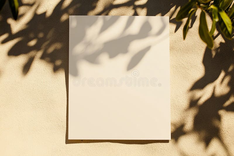 Blank Canvas Mockup Hanging on Beige Wall with Dark Shadows of Leaves ...