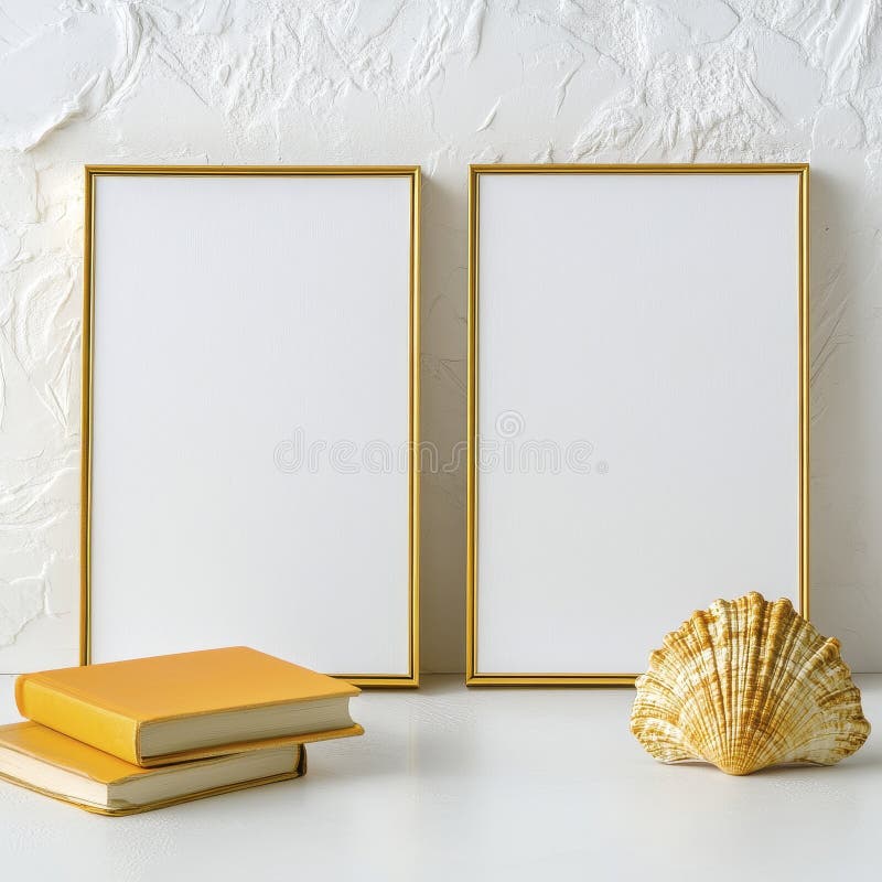 Blank Canvases in Gold Frames with Books and Seashell Stock ...