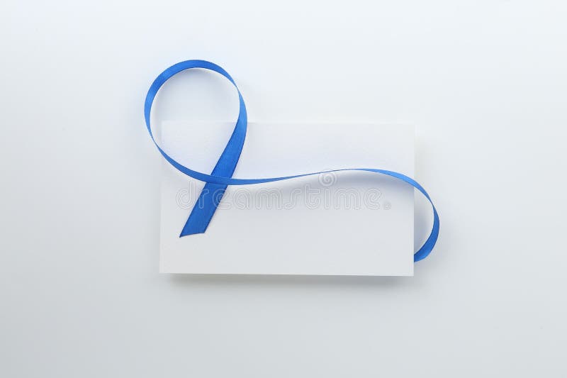 Blank Card and Blue Ribbon on White Background, Top View Stock Image ...