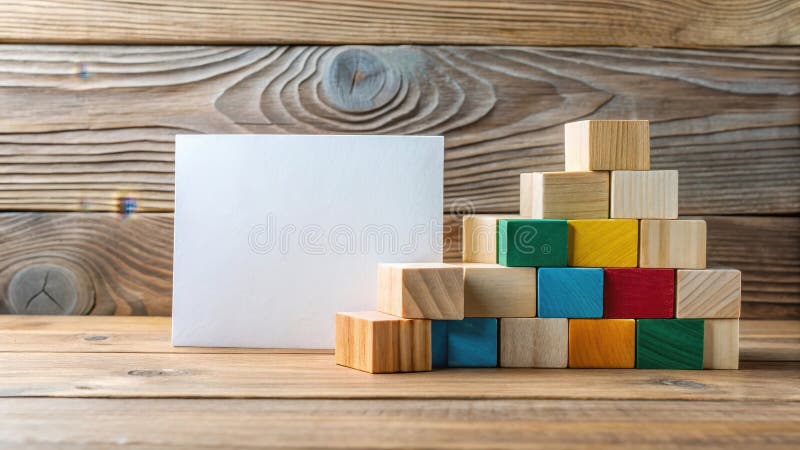 Blank Card beside Colorful Wooden Blocks Forming a Pyramid on a Rustic ...