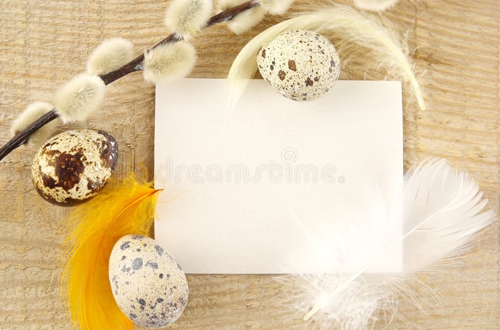 Blank Card for Easter Greetings on Wooden Plank with Eggs Stock Image ...